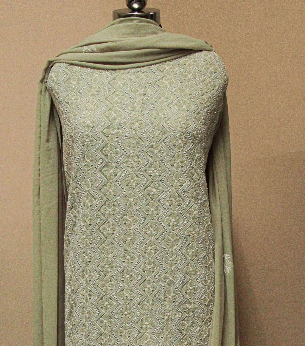 Gul Georgette Suit Set - Olive Green Chikankari Elegance